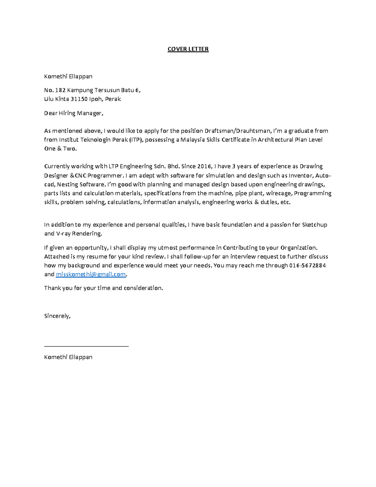 Cover Leteer FOR Drafter - COVER LETTER Komethi Ellappan No. 182 ...