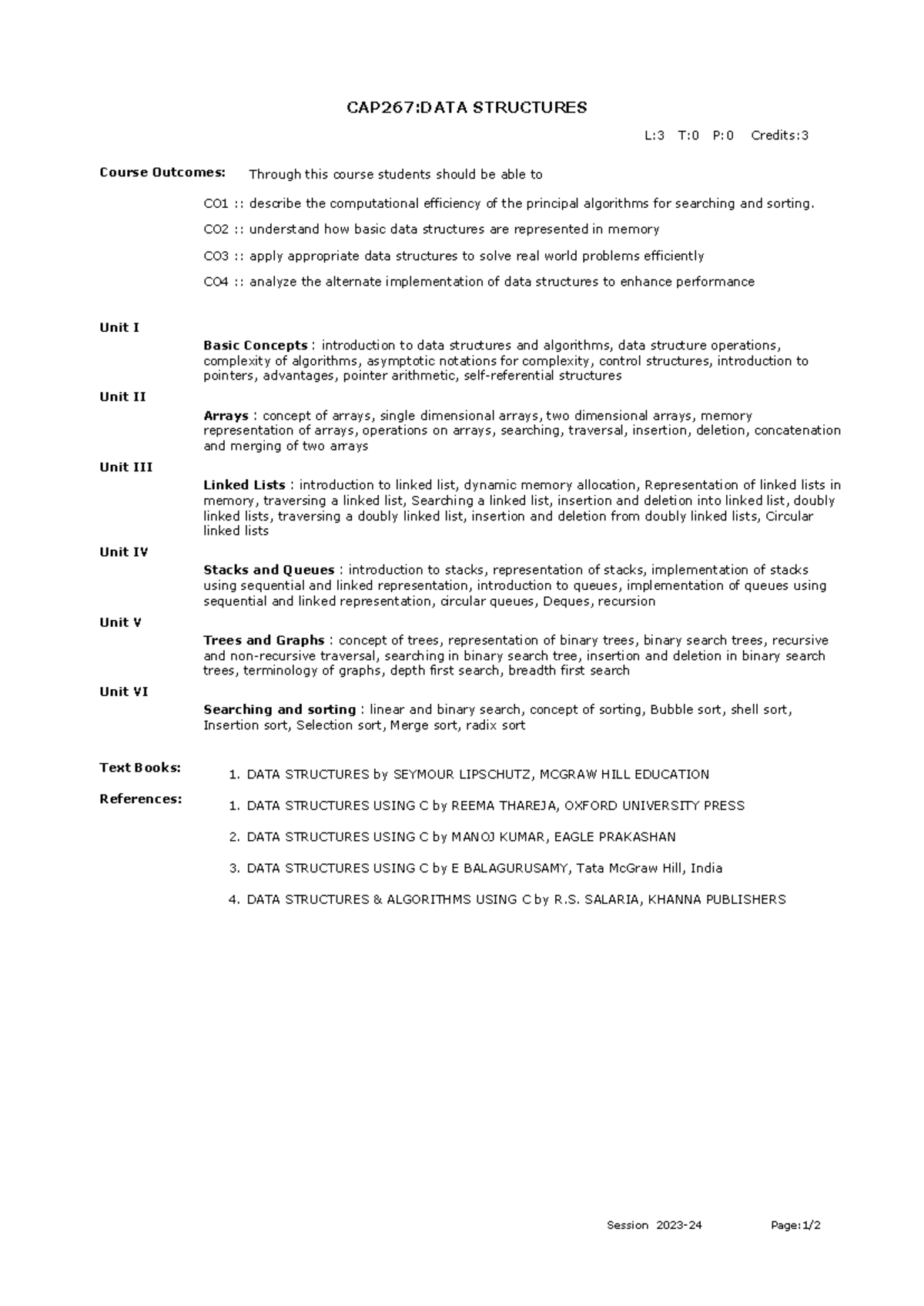 Frm Course Syllabus IPDownload - CAP267:DATA STRUCTURES Course Outcomes: CO1 :: describe the ...