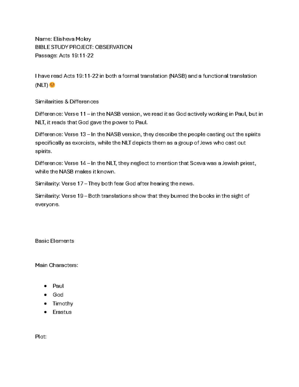 Bible Study Project: Observation Assignment - Name: Elisheva Mokry ...