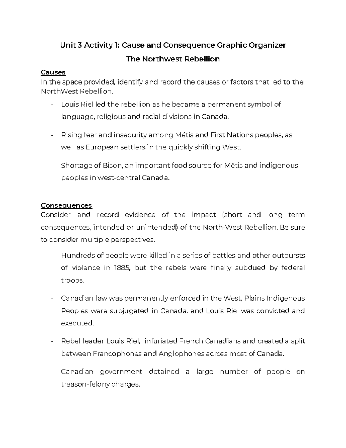 History The Northwest Rebellion - Unit 3 Activity 1: Cause and ...
