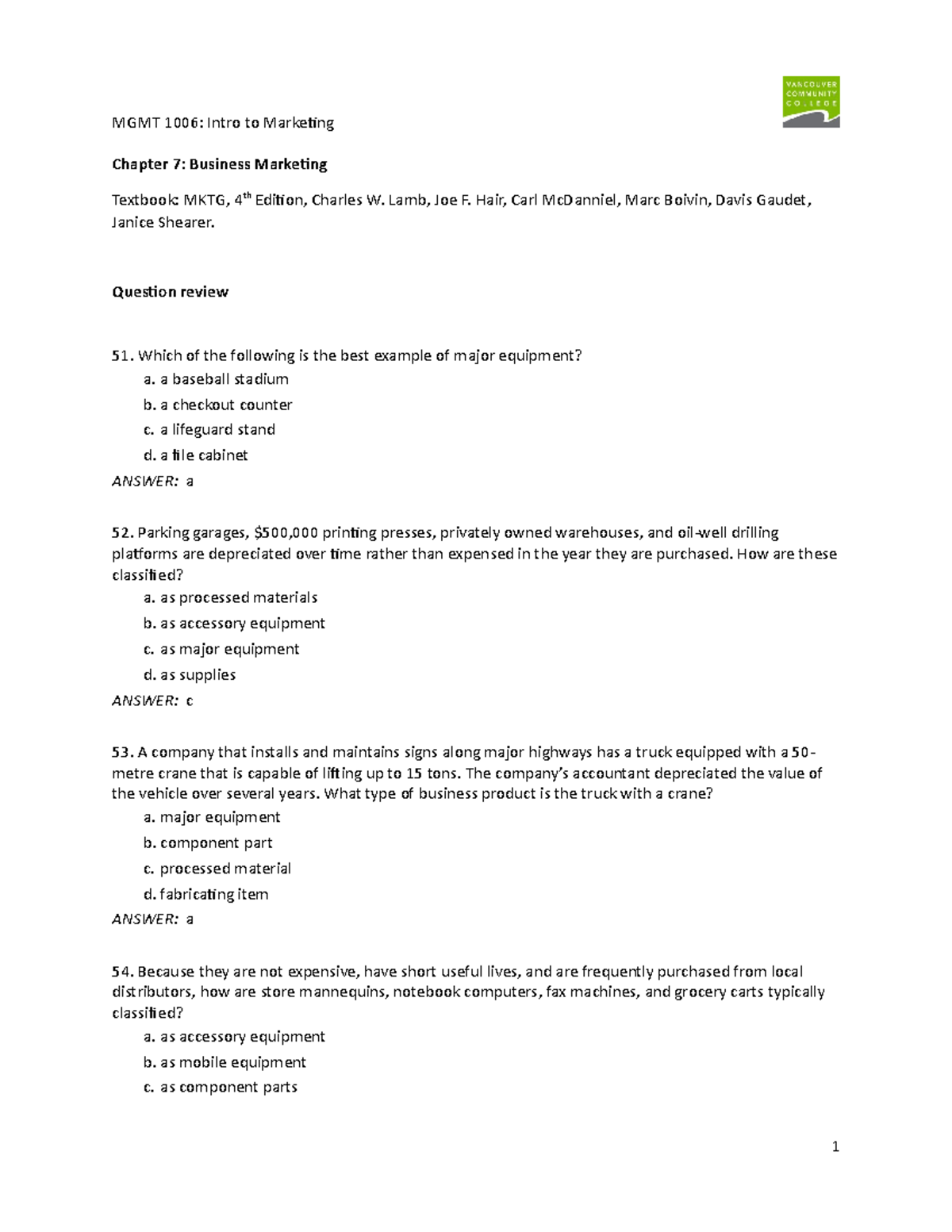 MAR - CH7 questions-2 - C7-2 - Chapter 7: Business Marketing Textbook ...