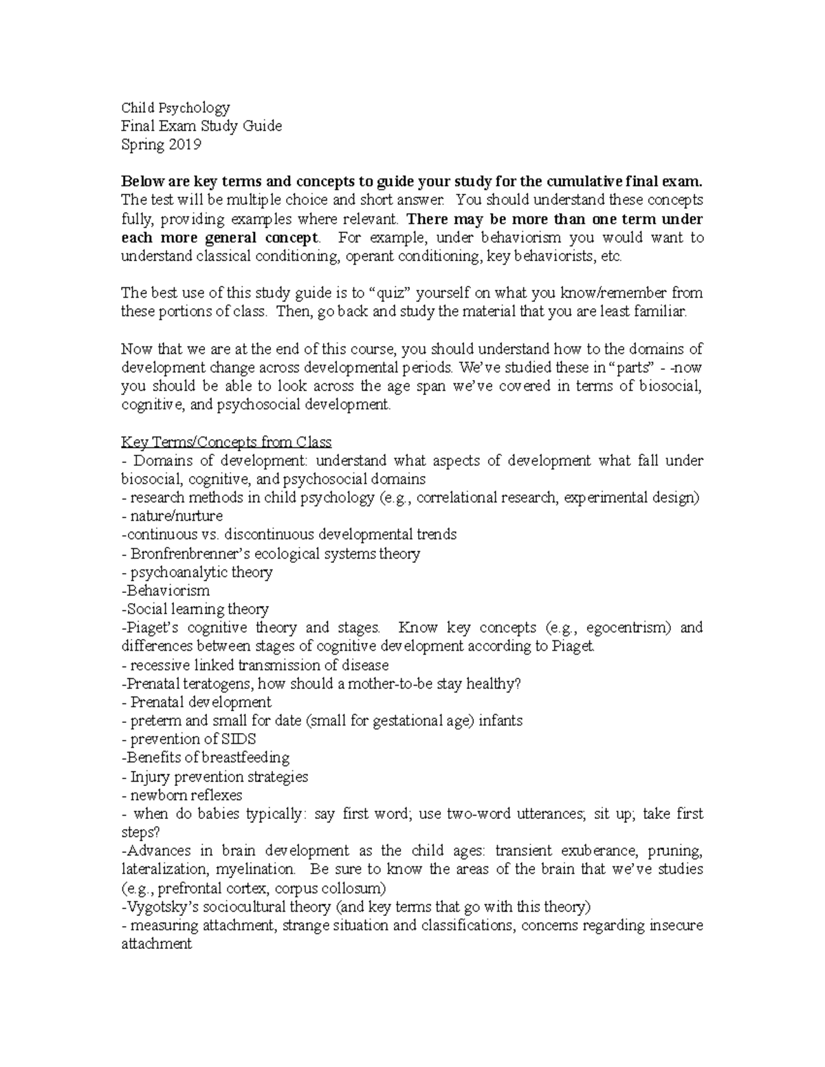 Final Exam Child Study Guide S2019 - Child Psychology Final Exam Study ...