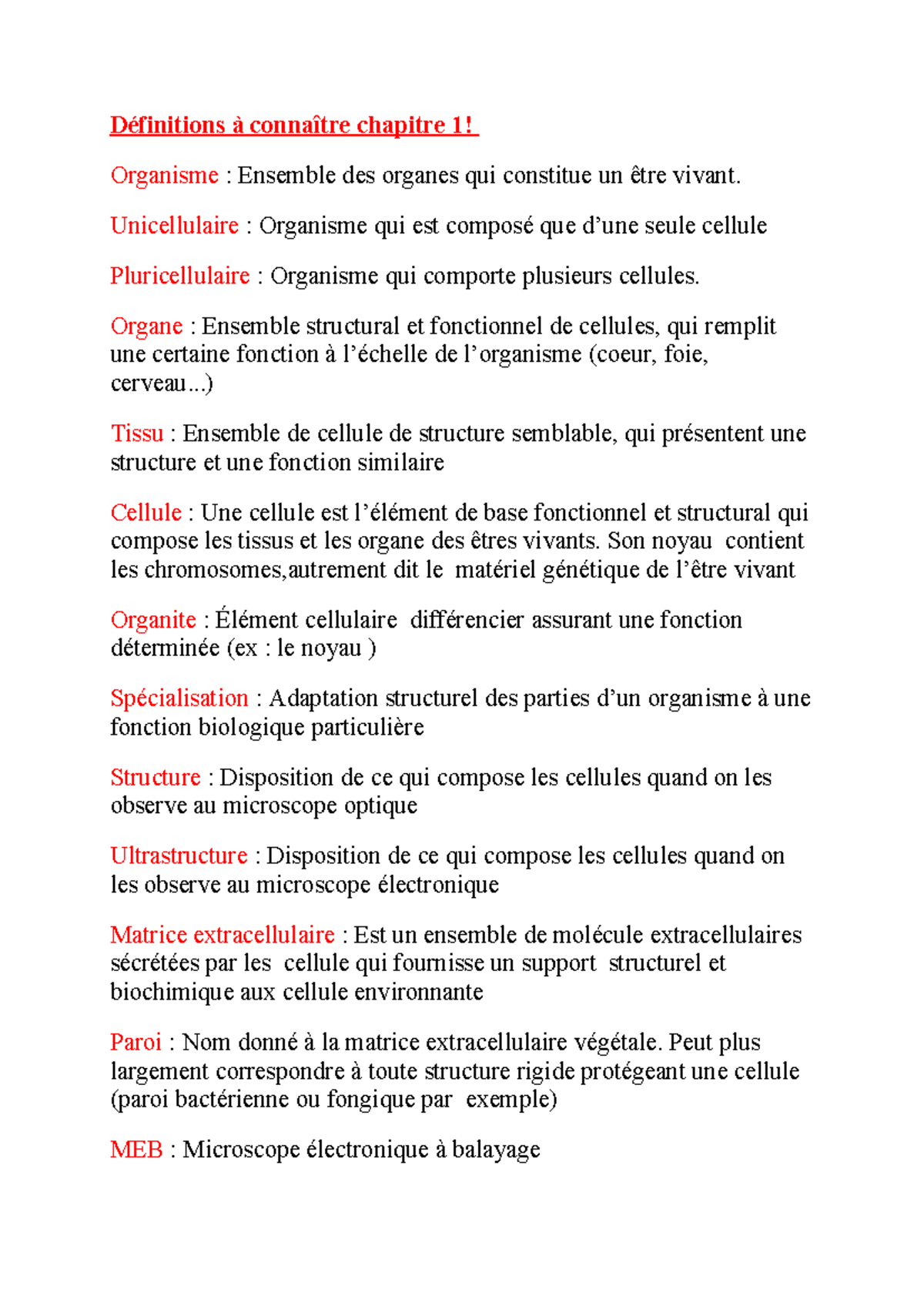 Cours SVT - svt - Définitions à connaître chapitre 1! Organisme ...