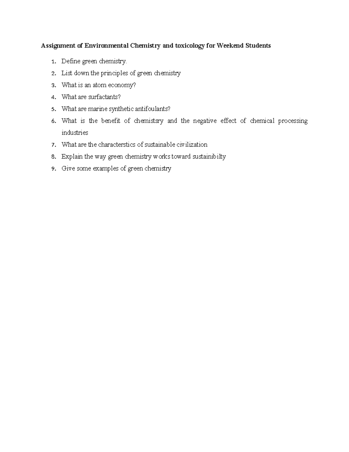 Assignment of Environmental Chemistry and toxicology for Weekend Students - Define green ...