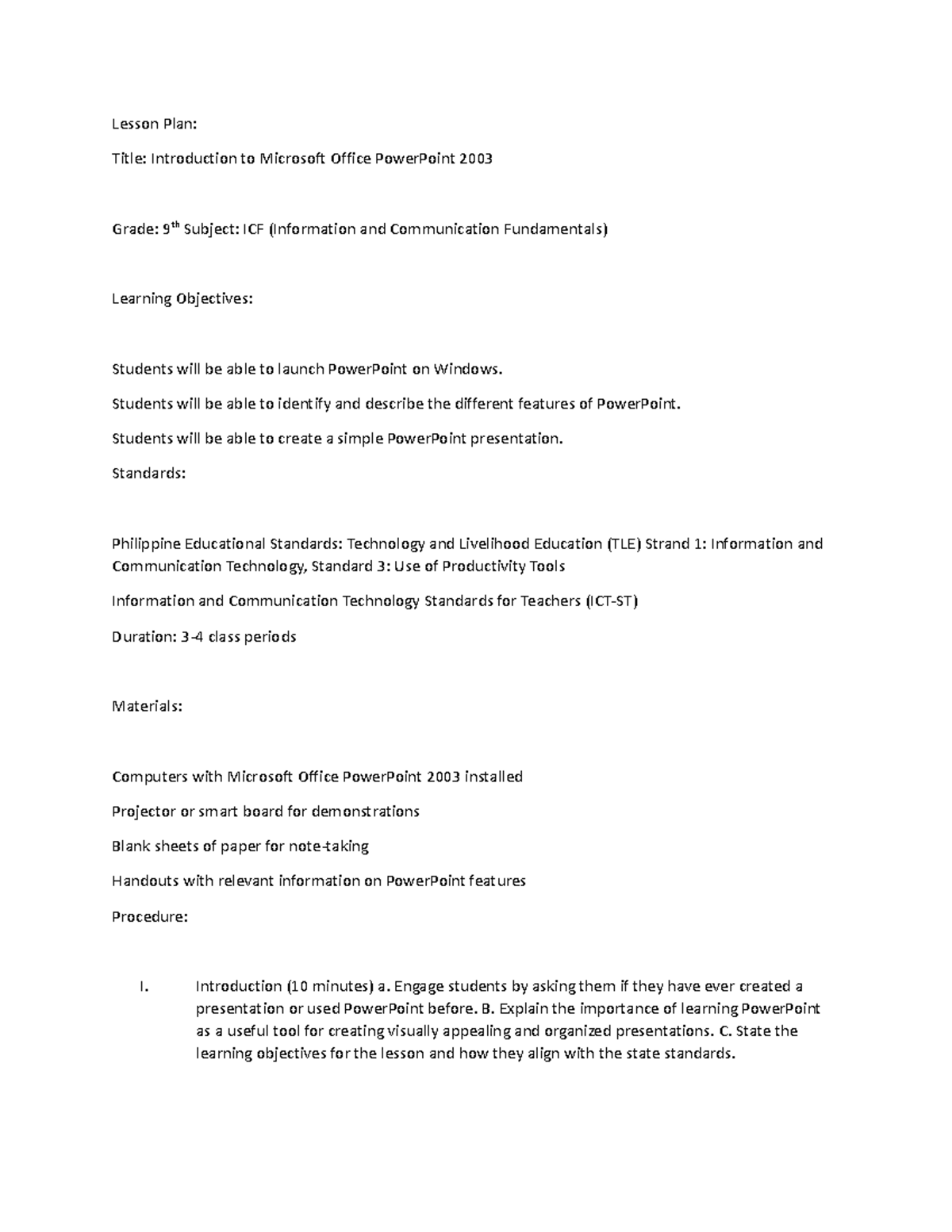 ICF 9 Lesson plan - Lesson Plan: Title: Introduction to Microsoft ...