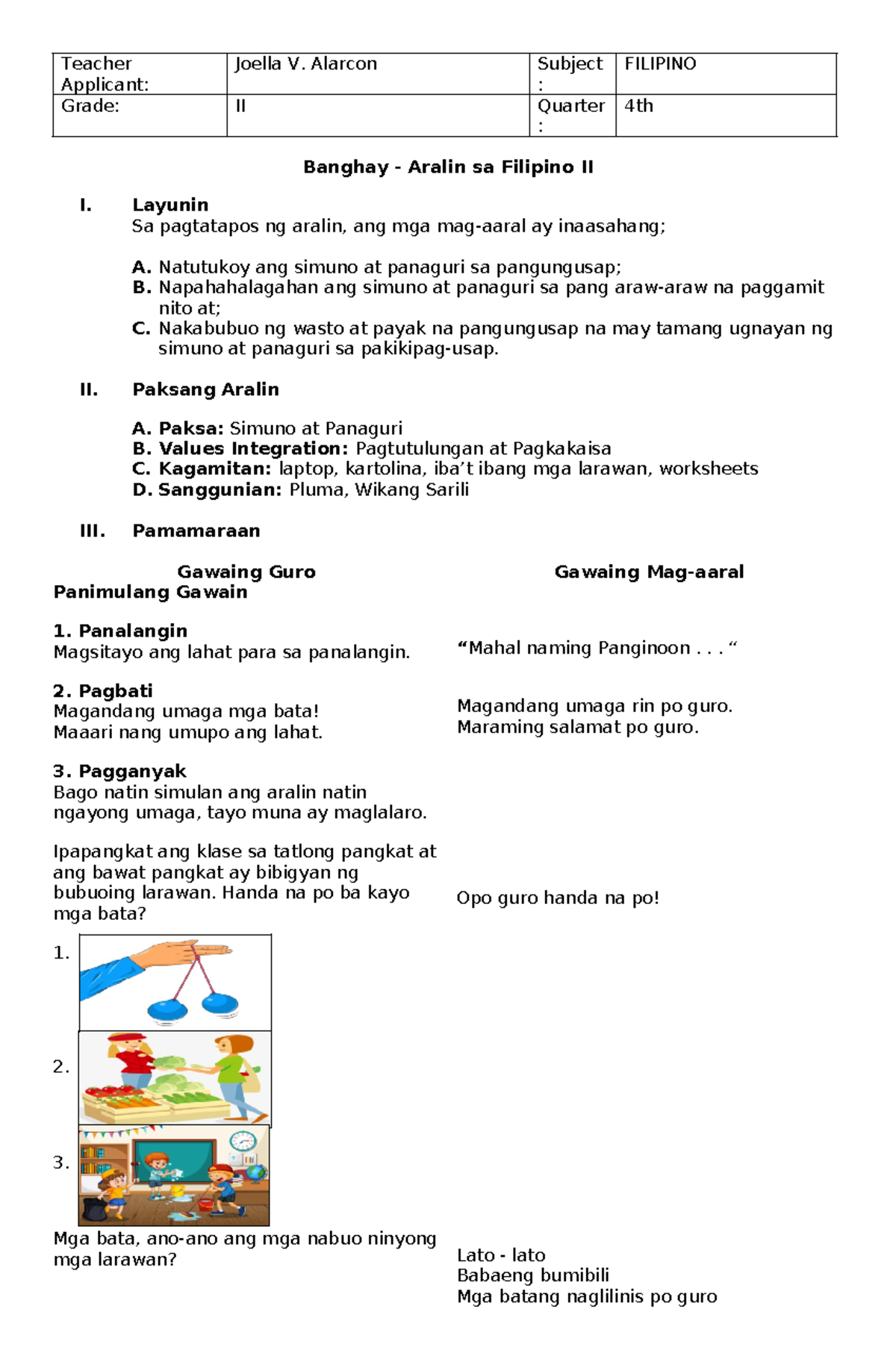 Banghay Aralin sa Filipino 3 Simuno AT Panaguri - Teacher Applicant ...