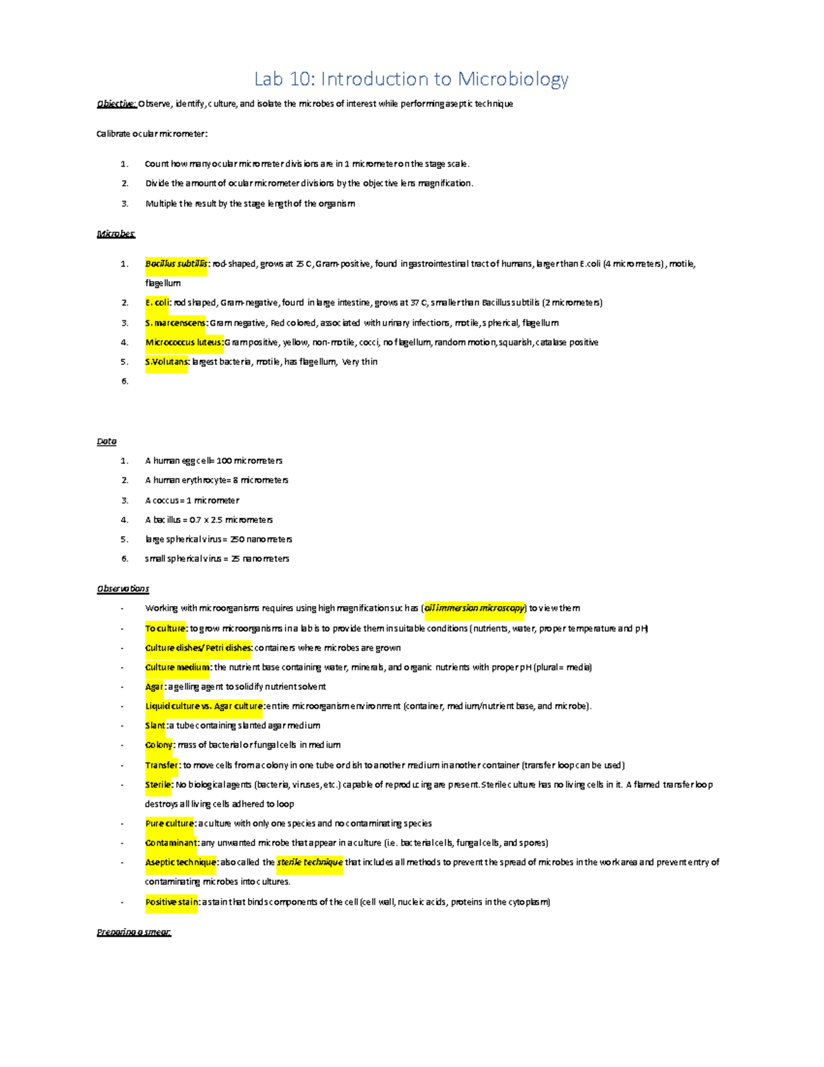 Lab 10 Review - Lab 10: Introduction to Microbiology Objective: Observe ...