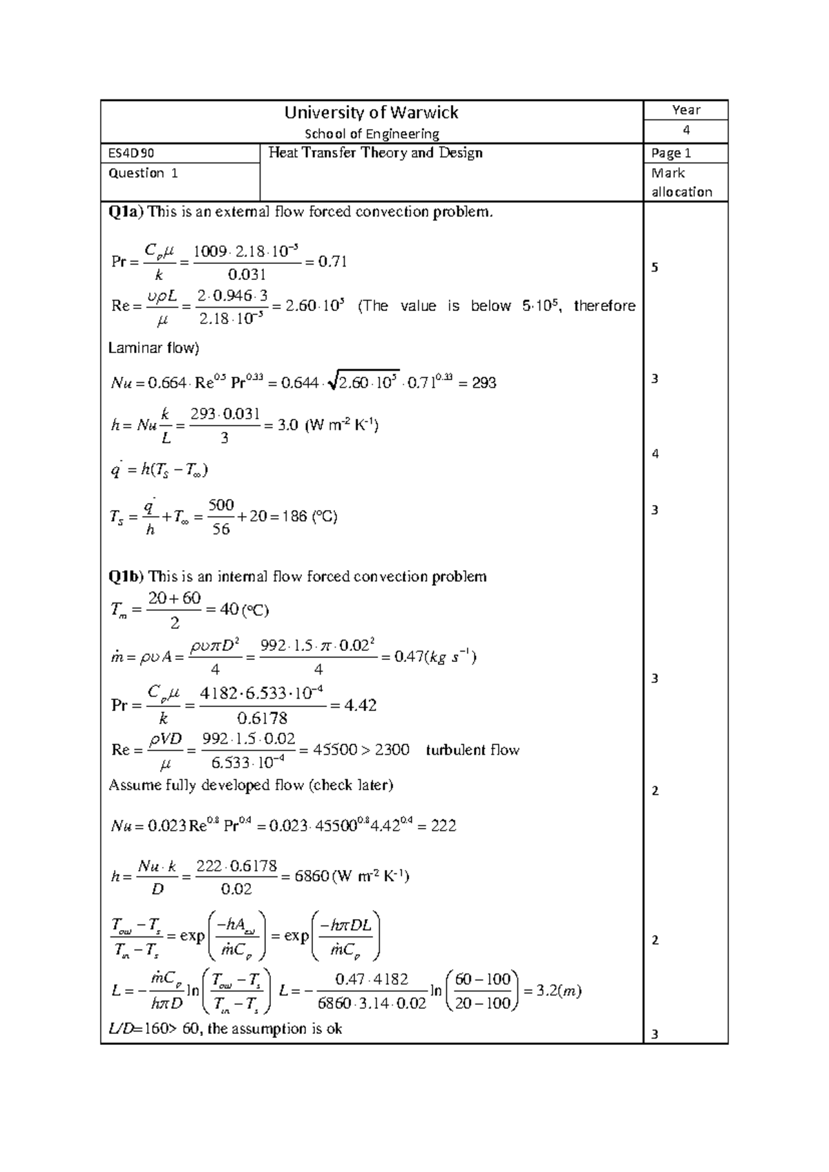 2019 Heat transfer exam solutions - University of Warwick School of ...