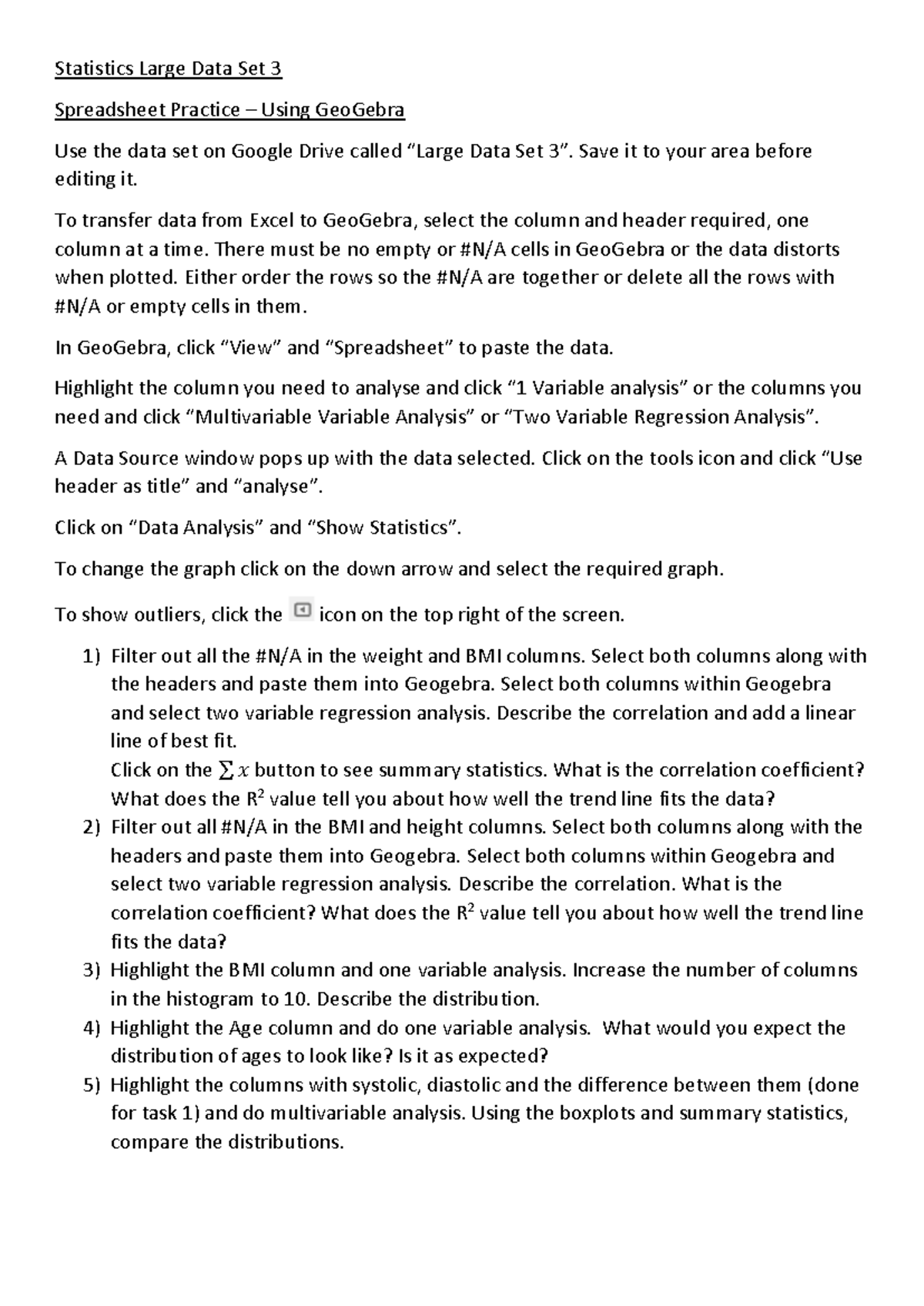 LDS 3 practice worksheet 3 Using Geogebra - Statistics Large Data Set 3 ...