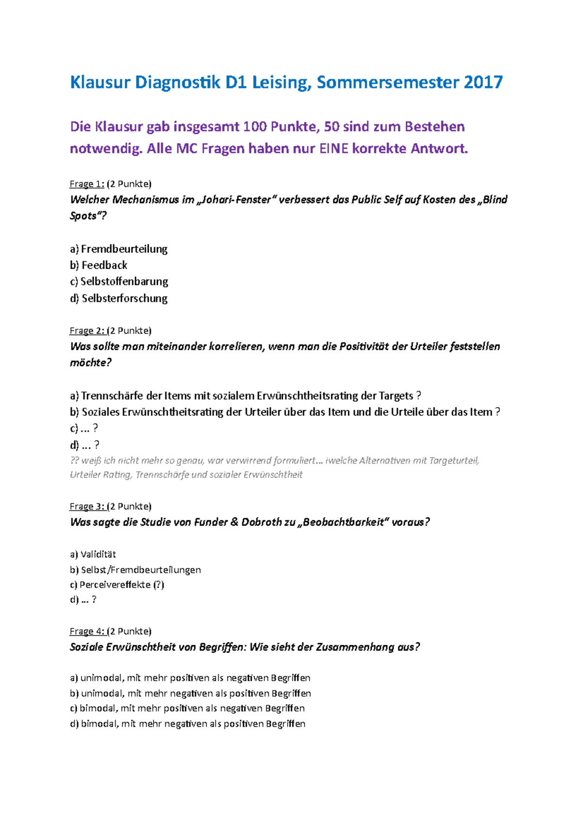 Klausur 1 Januar 2017, Fragen - Klausur Diagnostik D1 Leising, Sommersemester 2017 Die Klausur ...
