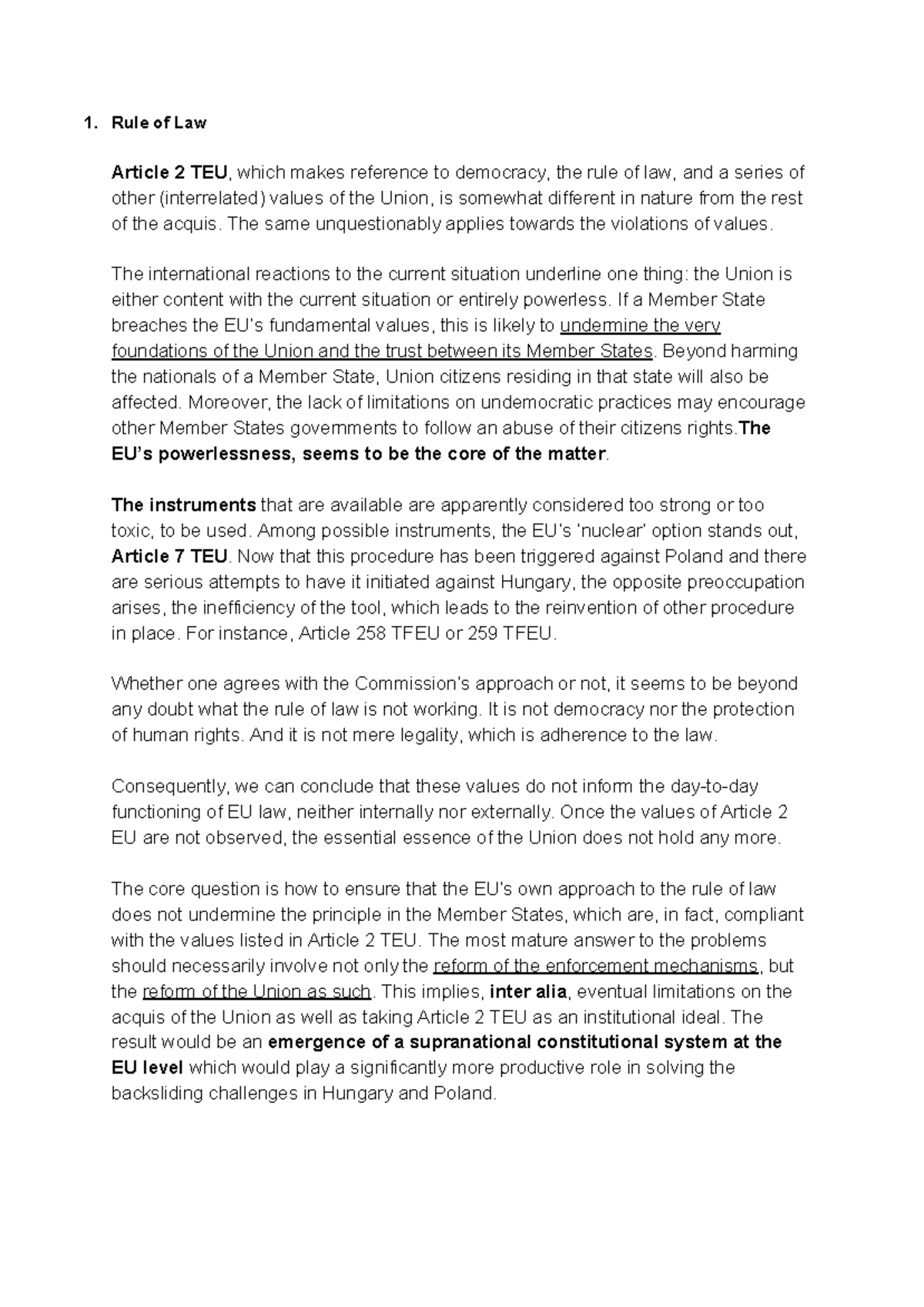 Possible questions for exam - 1. Rule of Law Article 2 TEU , which ...