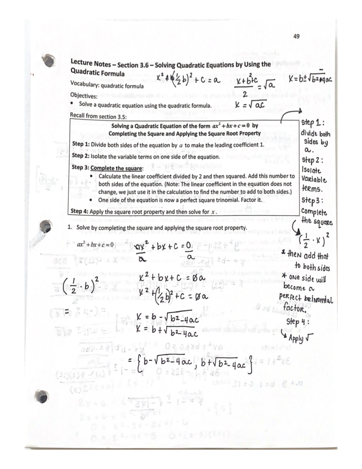 Lecture Notes Section 3 6 Solving Quadratic Equations By Using The