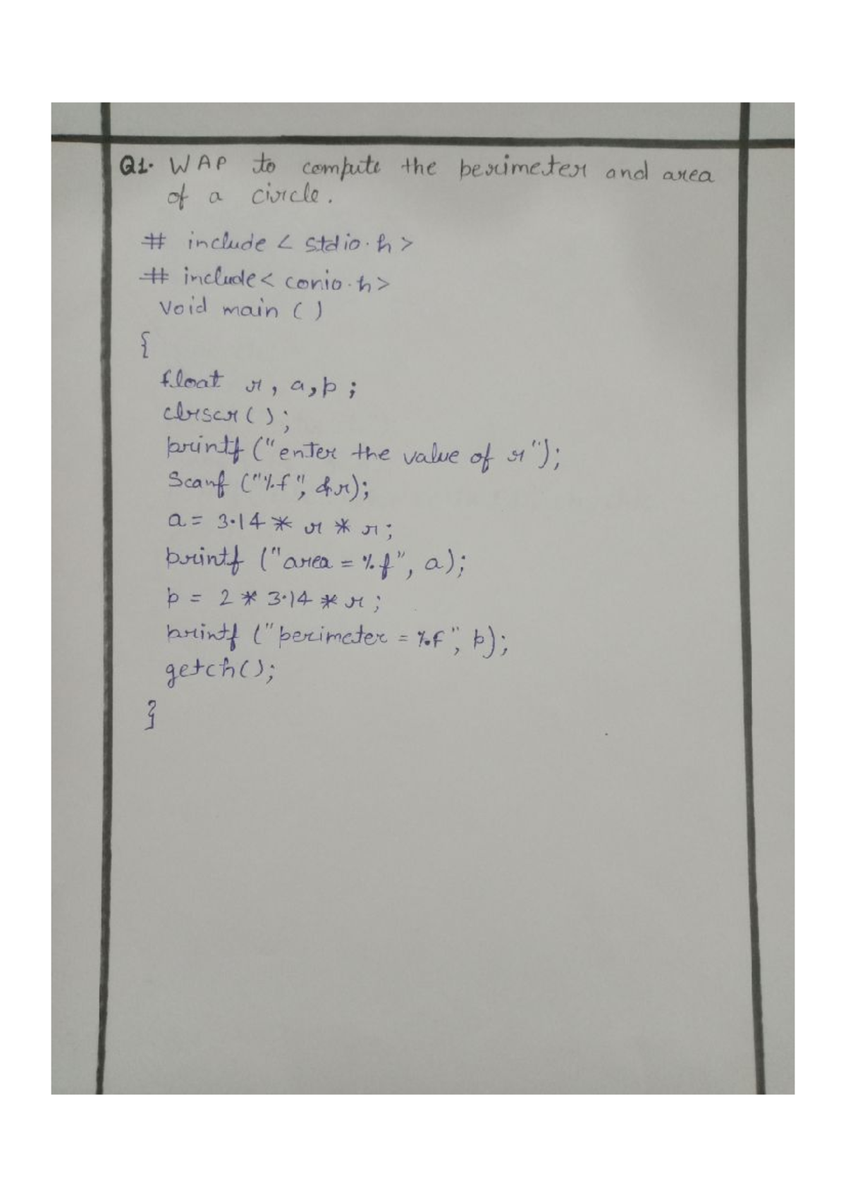 Assignment 1 to 60 - Q1. WAP to compute the perimeter and area of a circle. include L stdio void ...