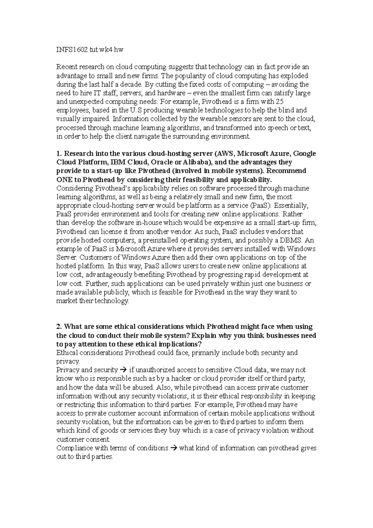INFS1602 tut wk4 hw - insight into various cloud hosting servers, their benefits, as well as ...