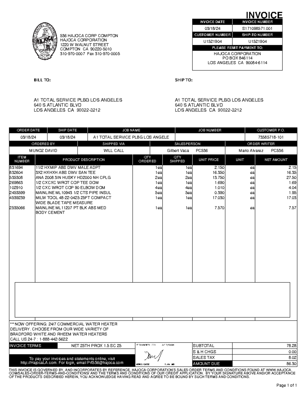 Invoice S171098571 - notes - 536 HAJOCA CORP COMPTON HAJOCA CORPORATION ...