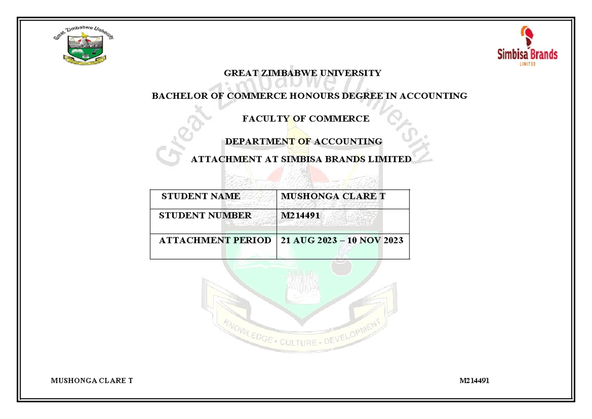 Clare T Mushonga LOG BOOK-10 NOV 24 - GREAT ZIMBABWE UNIVERSITY ...