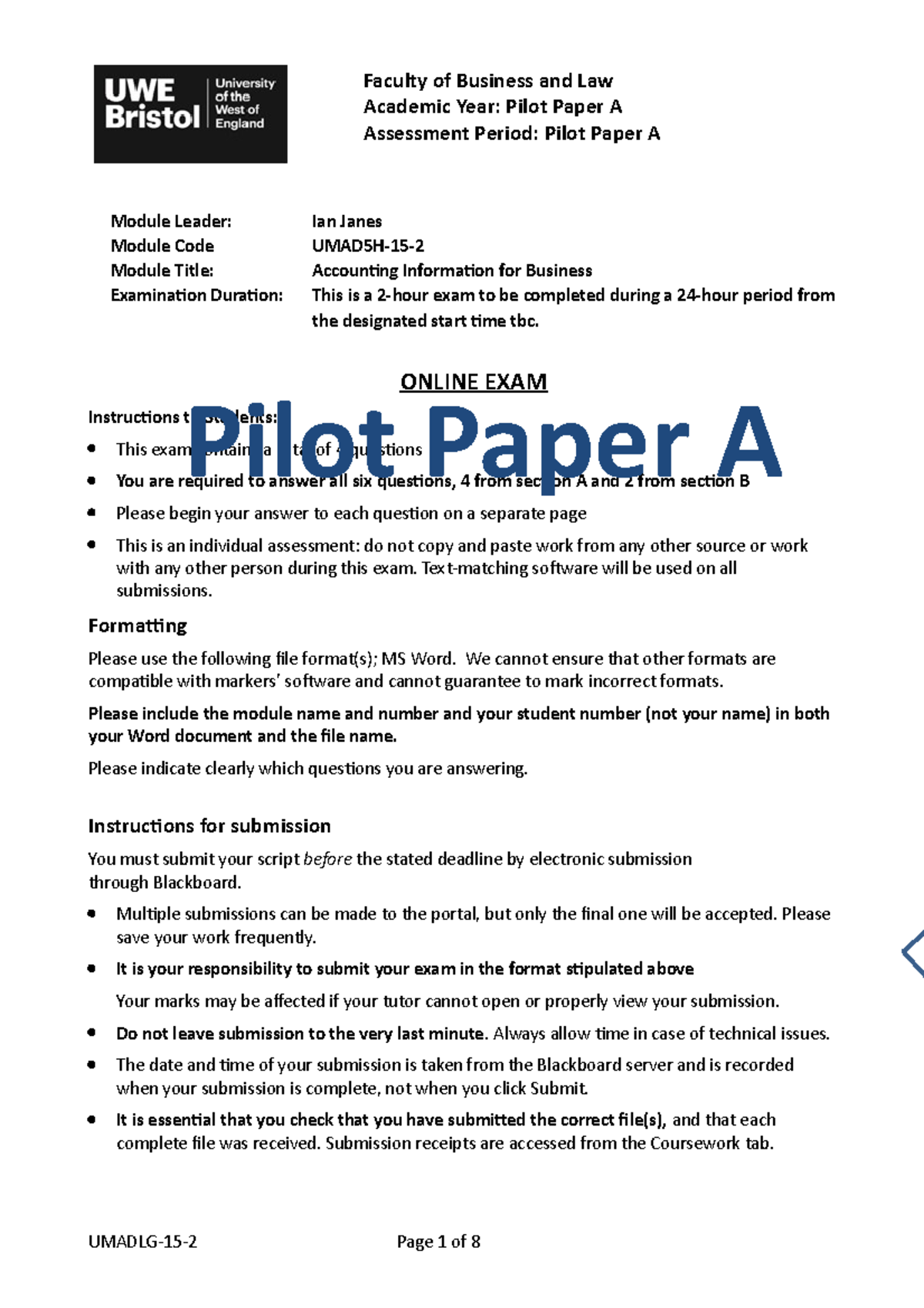 Pilot Paper A - Faculty of Business and Law Academic Year: Pilot Paper ...
