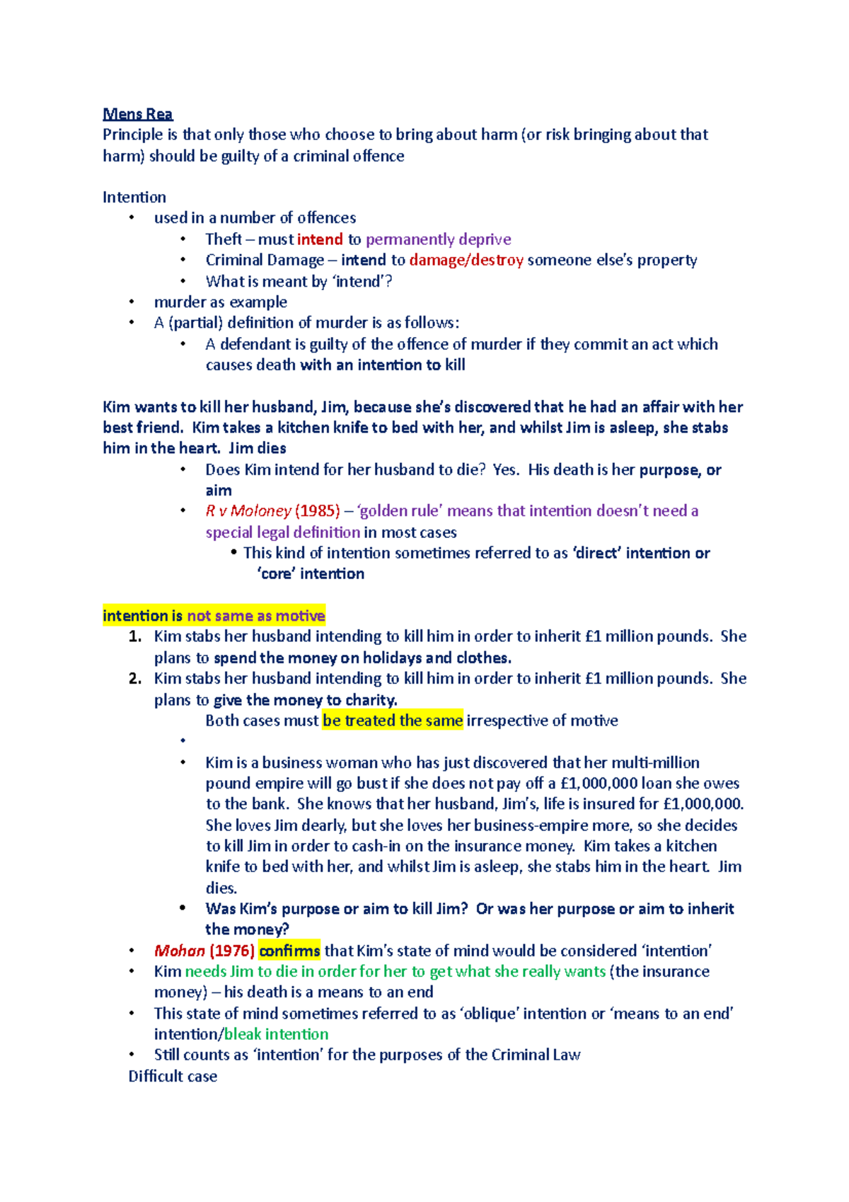 Mens Rea lec notes - Mens Rea Principle is that only those who choose ...