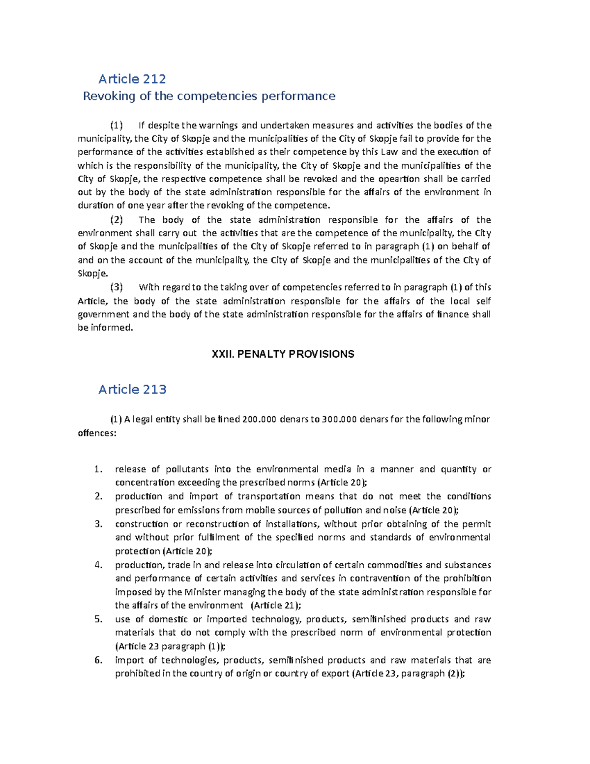 Environmental law m47 - Article 212 Revoking of the competencies ...
