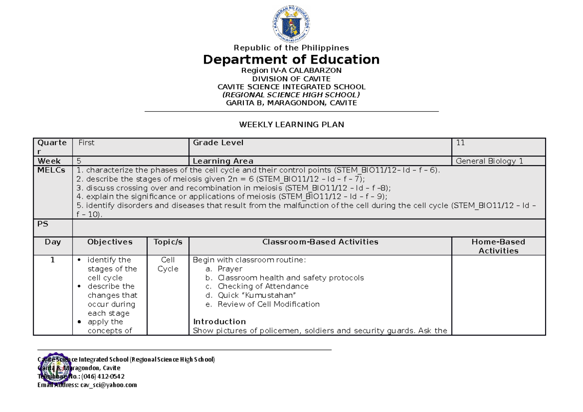 WLP Q1 Week 5 Gen Biology 1 - Department of Education Region IV-A ...