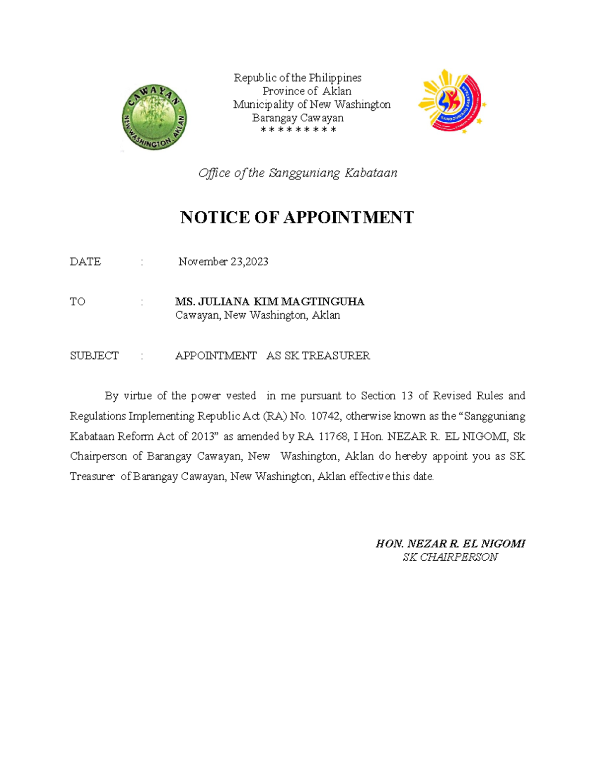 SK Appointment - teaching - Republic of the Philippines Province of ...