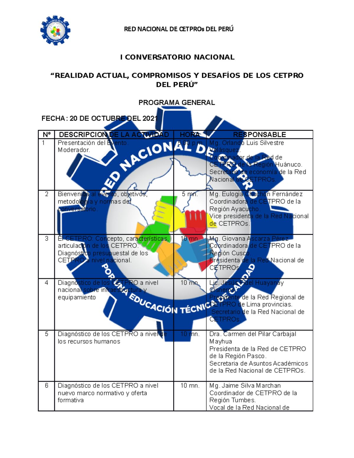 Programa General DEL Conversatorio - RED NACIONAL DE CETPROs DEL PERÚ I CONVERSATORIO NACIONAL ...