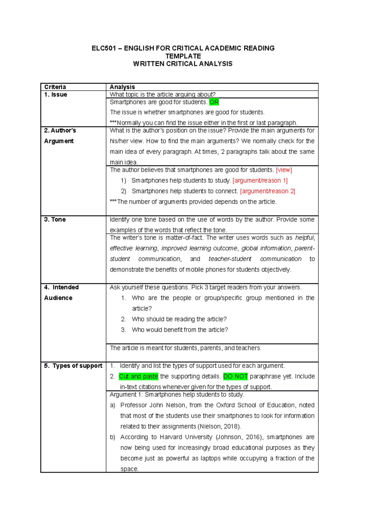 Template for written analysis June2021 - ELC501 – ENGLISH FOR CRITICAL ...