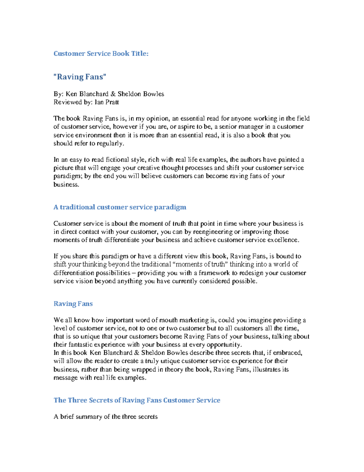 Summary-raving-fans - Book by Ken Blanchard and Sheldon Bowles (1993 ...