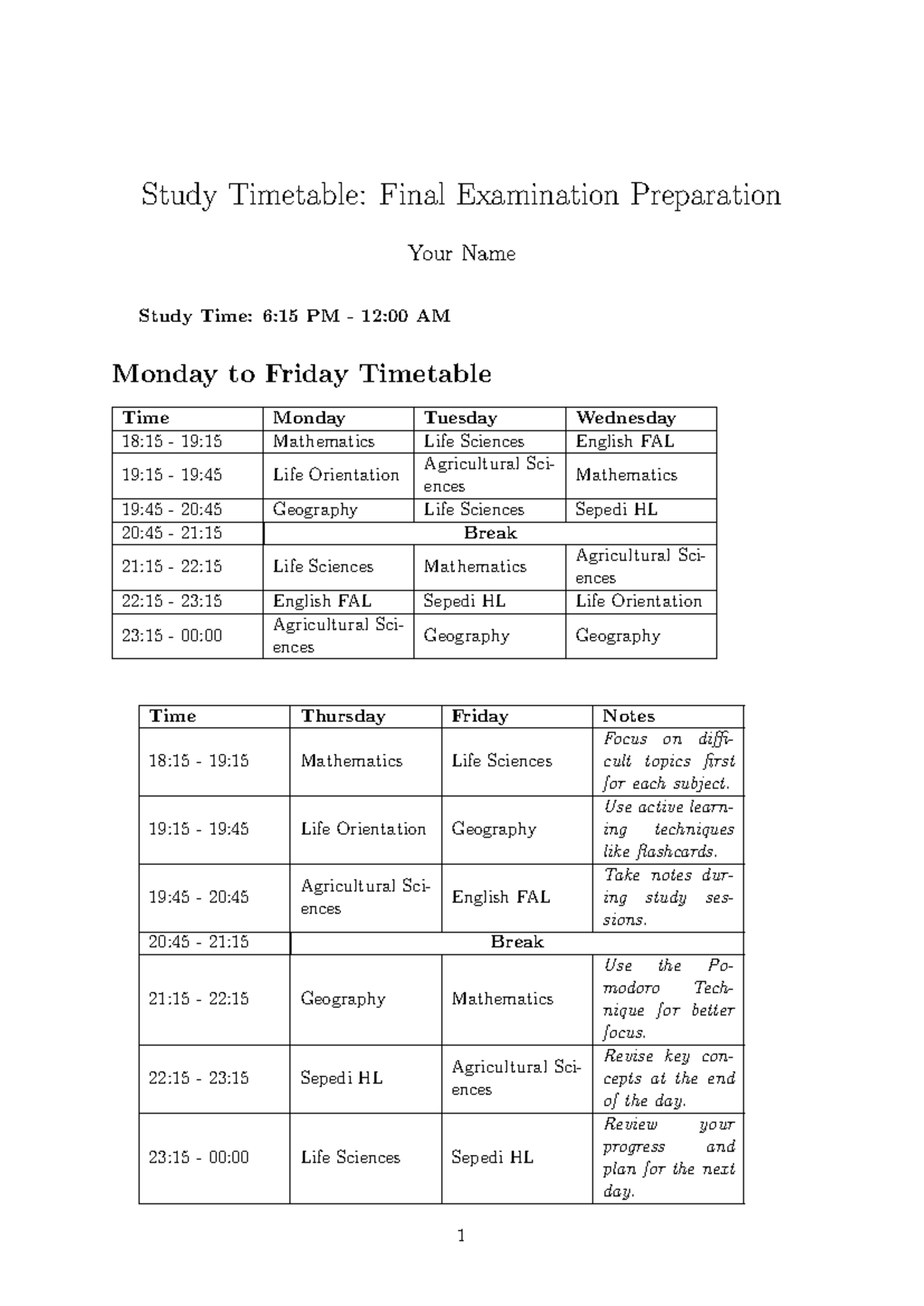 Final Study time table - Study Timetable: Final Examination Preparation ...