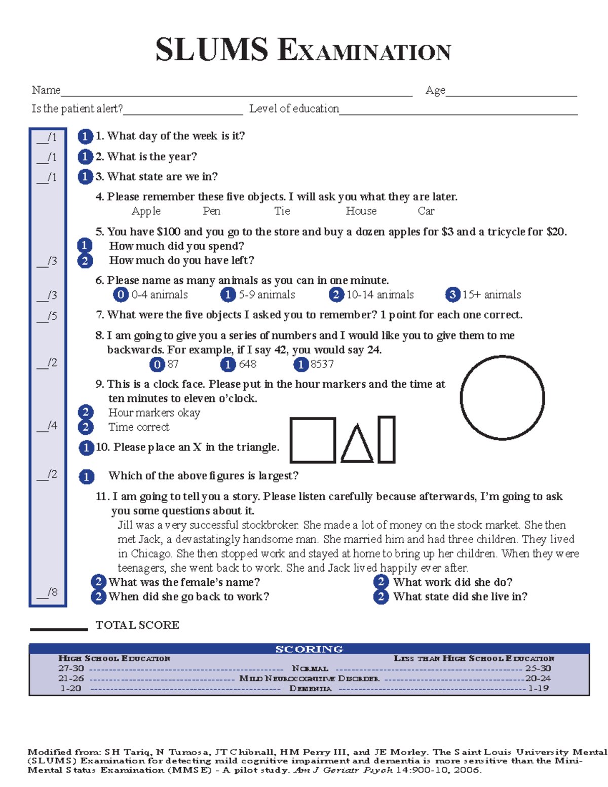 MMSE - Recommendation for Patient Care MMSE - SLUMS ExaMination - Studocu