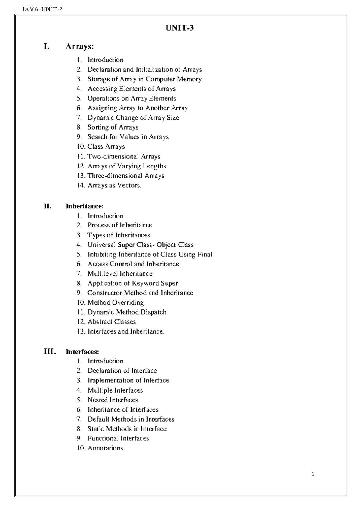 UNIT 3 JAVA 2024 - Detailed Notes - UNIT- 3 I. Arrays: Introduction ...