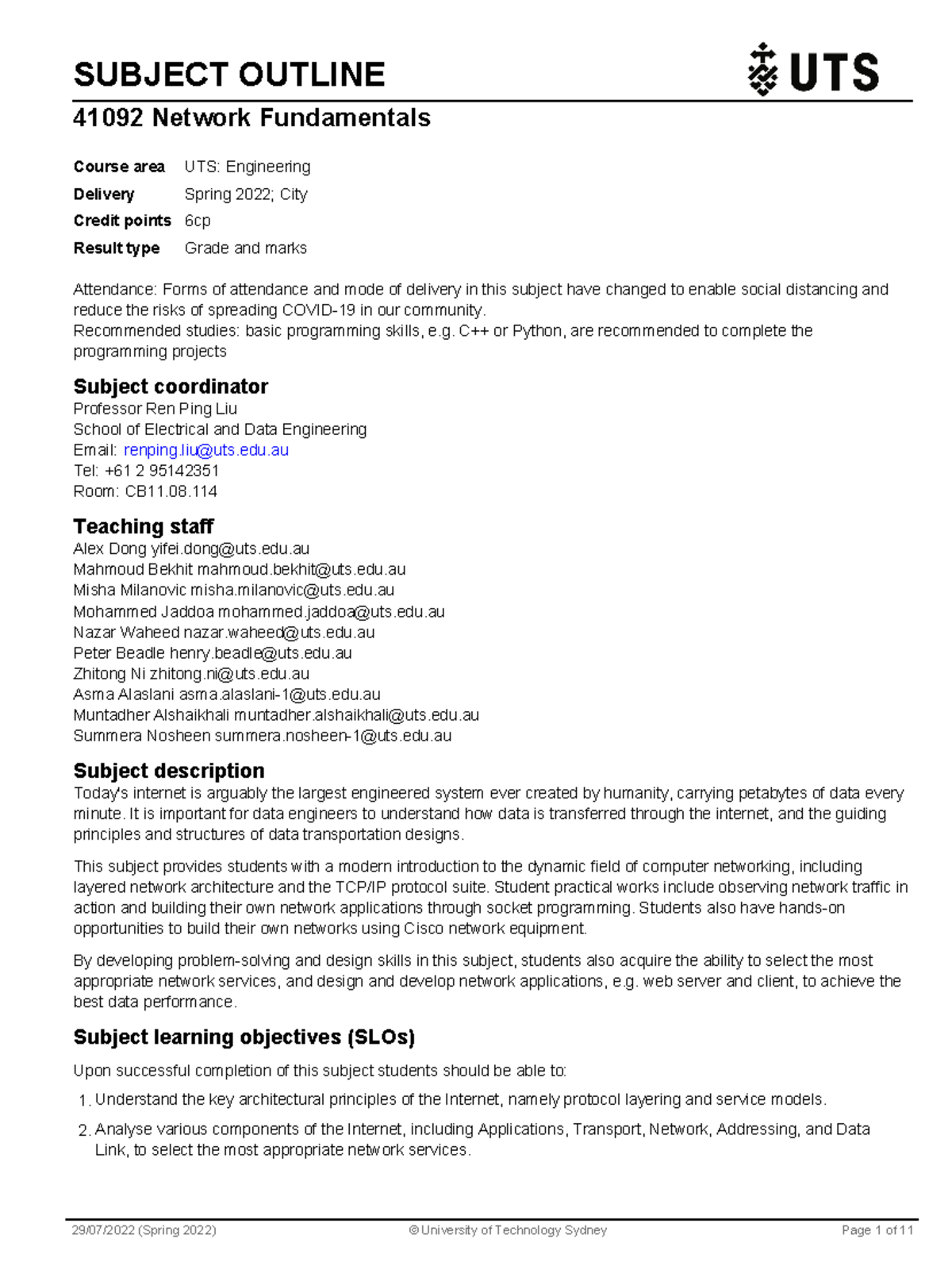 subject outline - SUBJECT OUTLINE 41092 Network Fundamentals Attendance ...