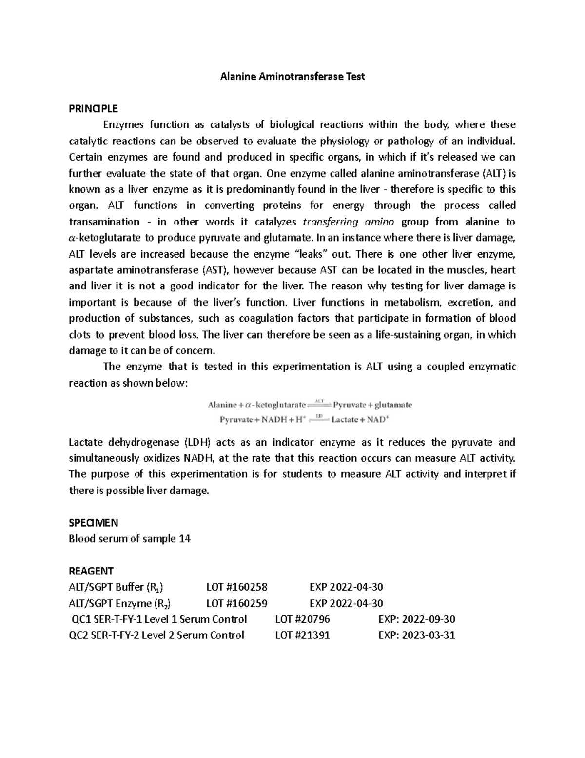 CLS351 ALT - Lab report for Alanine Aminotransferase Test. Including ...