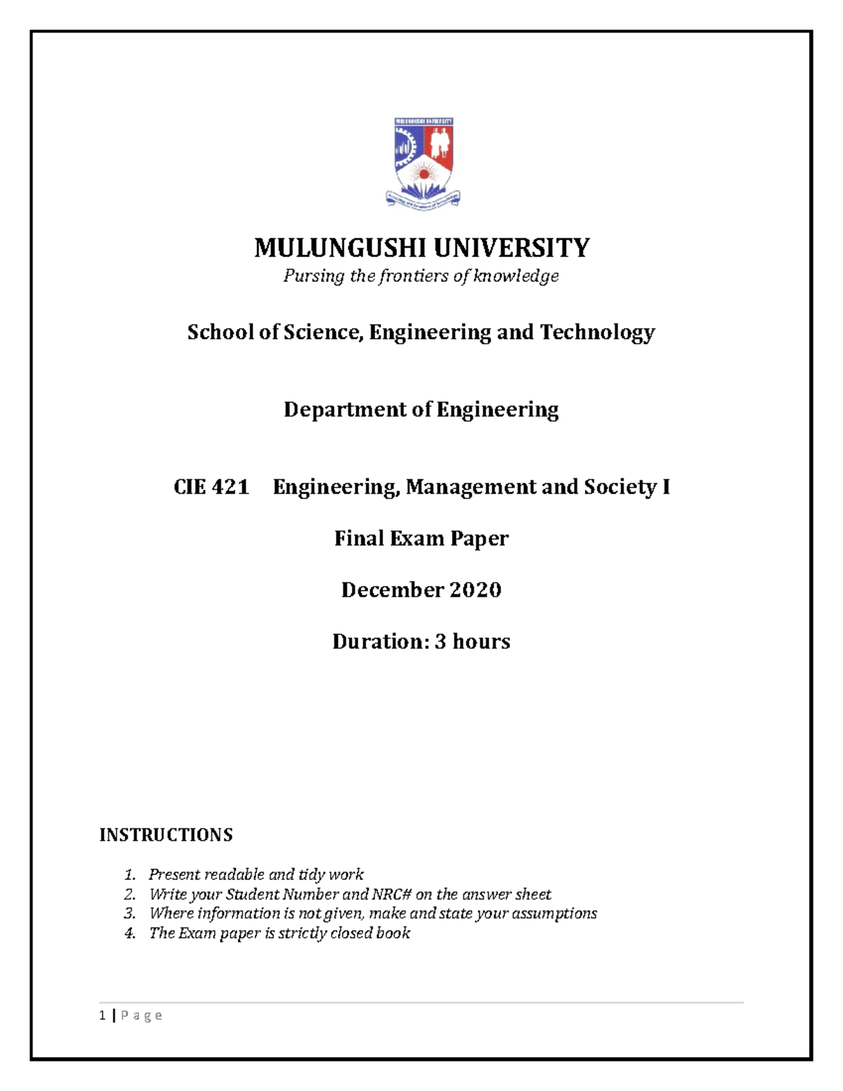 Exam Final - CIE 421 2020 1st Semester Reviewed - MULUNGUSHI UNIVERSITY ...