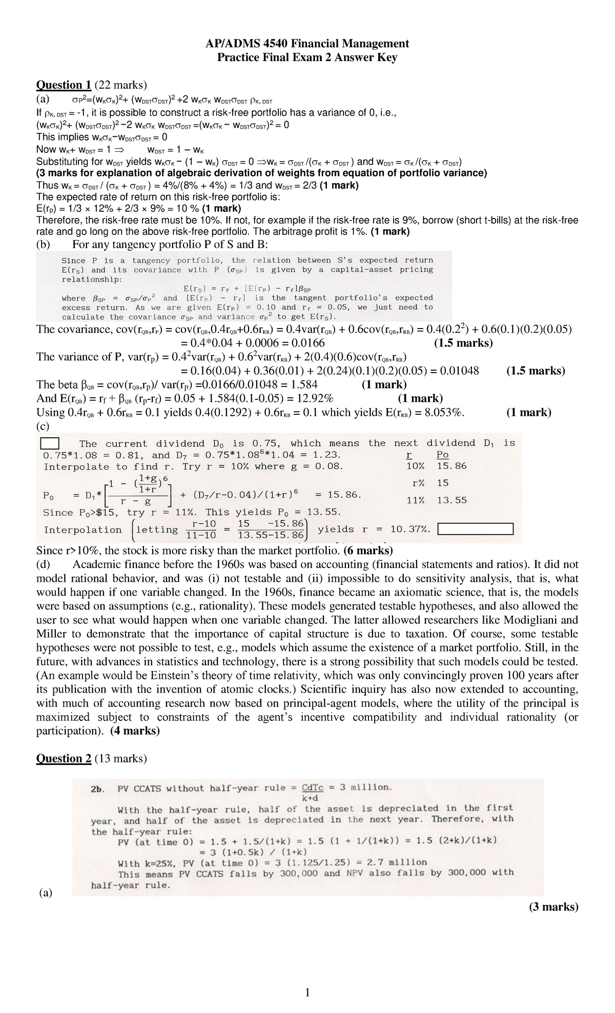 Final 2 2018, questions and answers - AP/ADMS 4540 Financial Management ...
