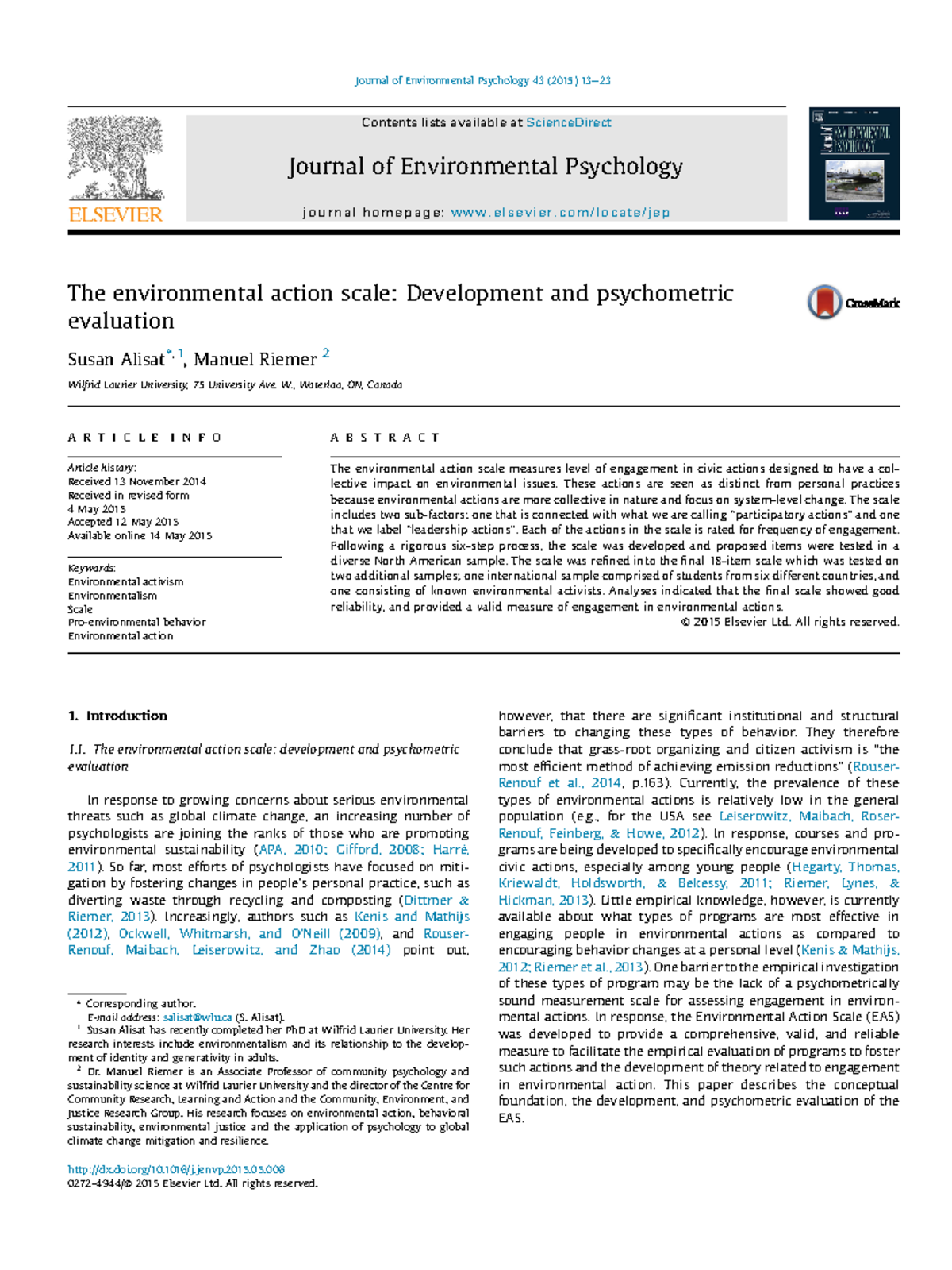 The environmental action scale Development and psychometric - The ...