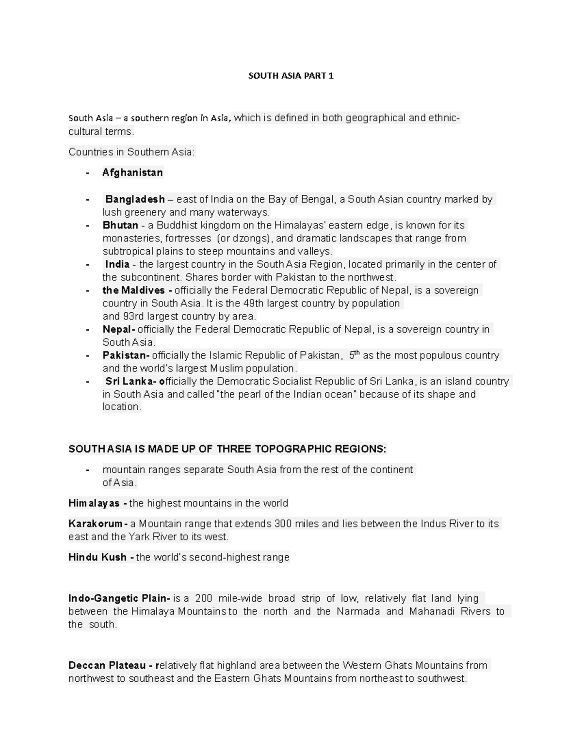 South ASIA PART 1 - lecture notes - SOUTH ASIA PART 1 South Asia – a ...