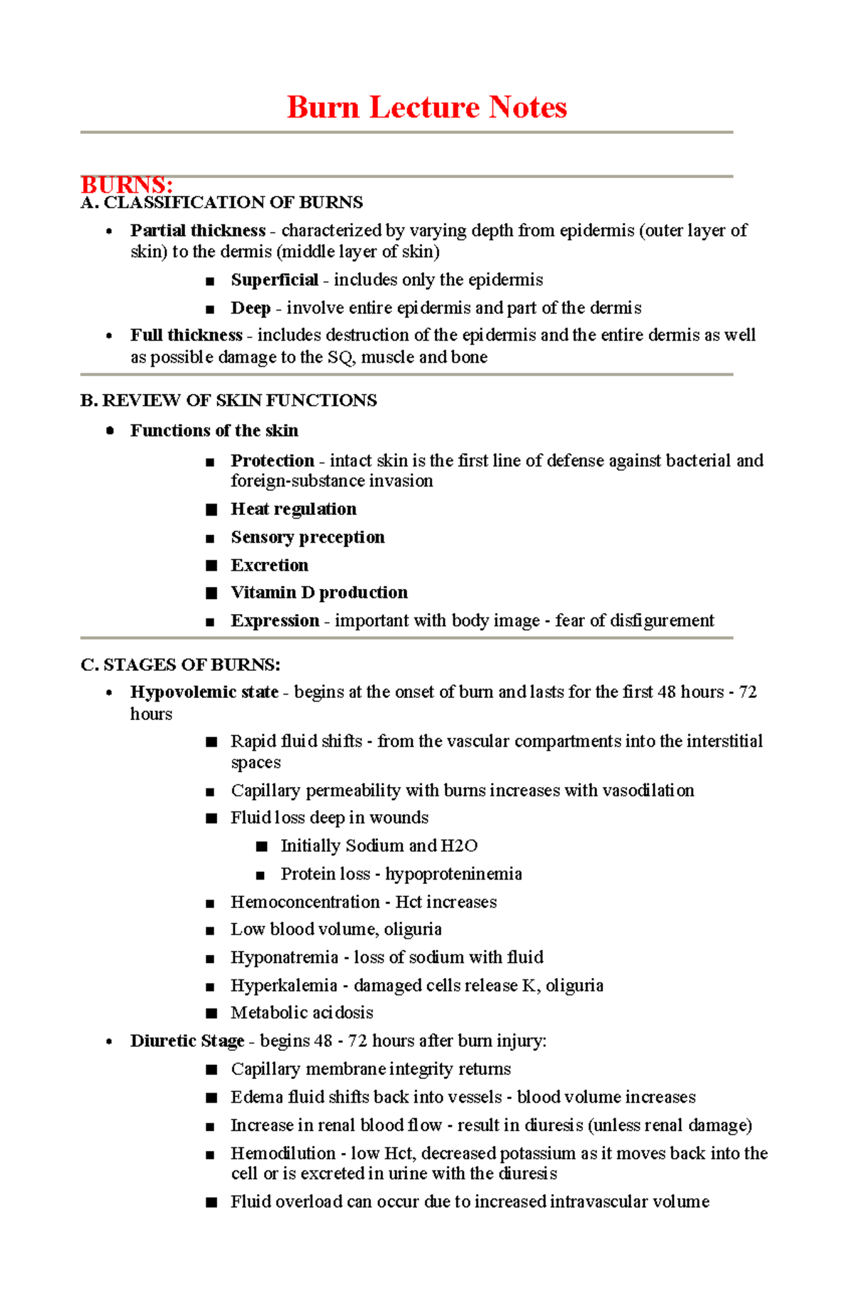Burns Lectures - Nursing - Burn Lecture Notes BURNS: A. CLASSIFICATION ...