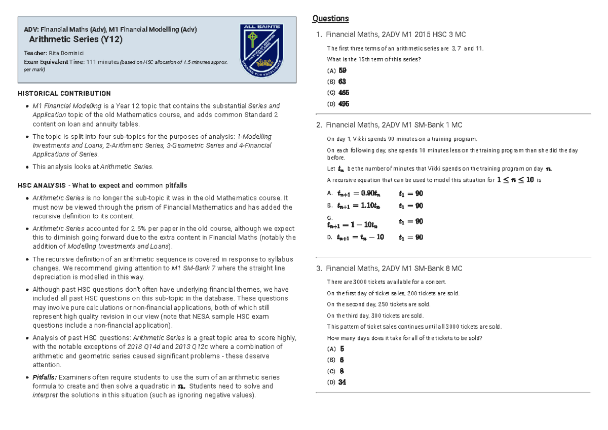 Arithmetic Series - ADV: Financial Maths (Adv), M1 Financial Modelling ...