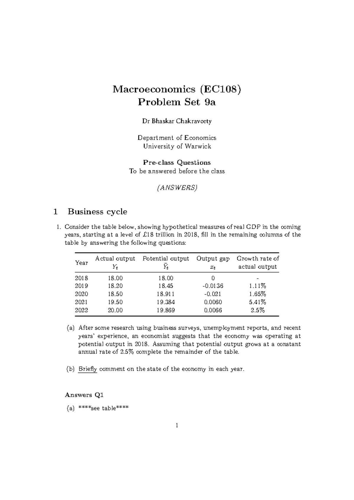 PS9a Pre class anwers - Macroeconomics (EC108) Problem Set 9a Dr Bhaskar Chakravorty Department ...
