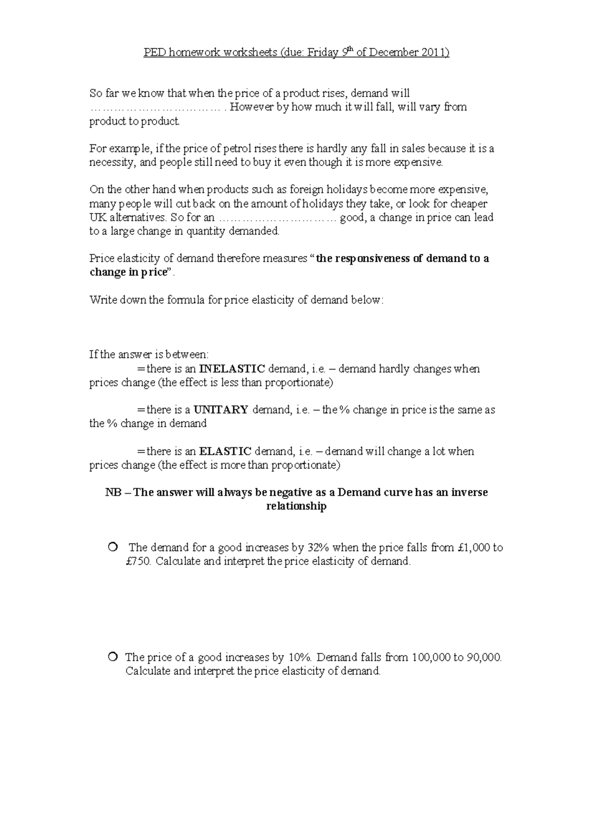 PED Homework Worksheet - PED homework worksheets (due: Friday 9th of ...