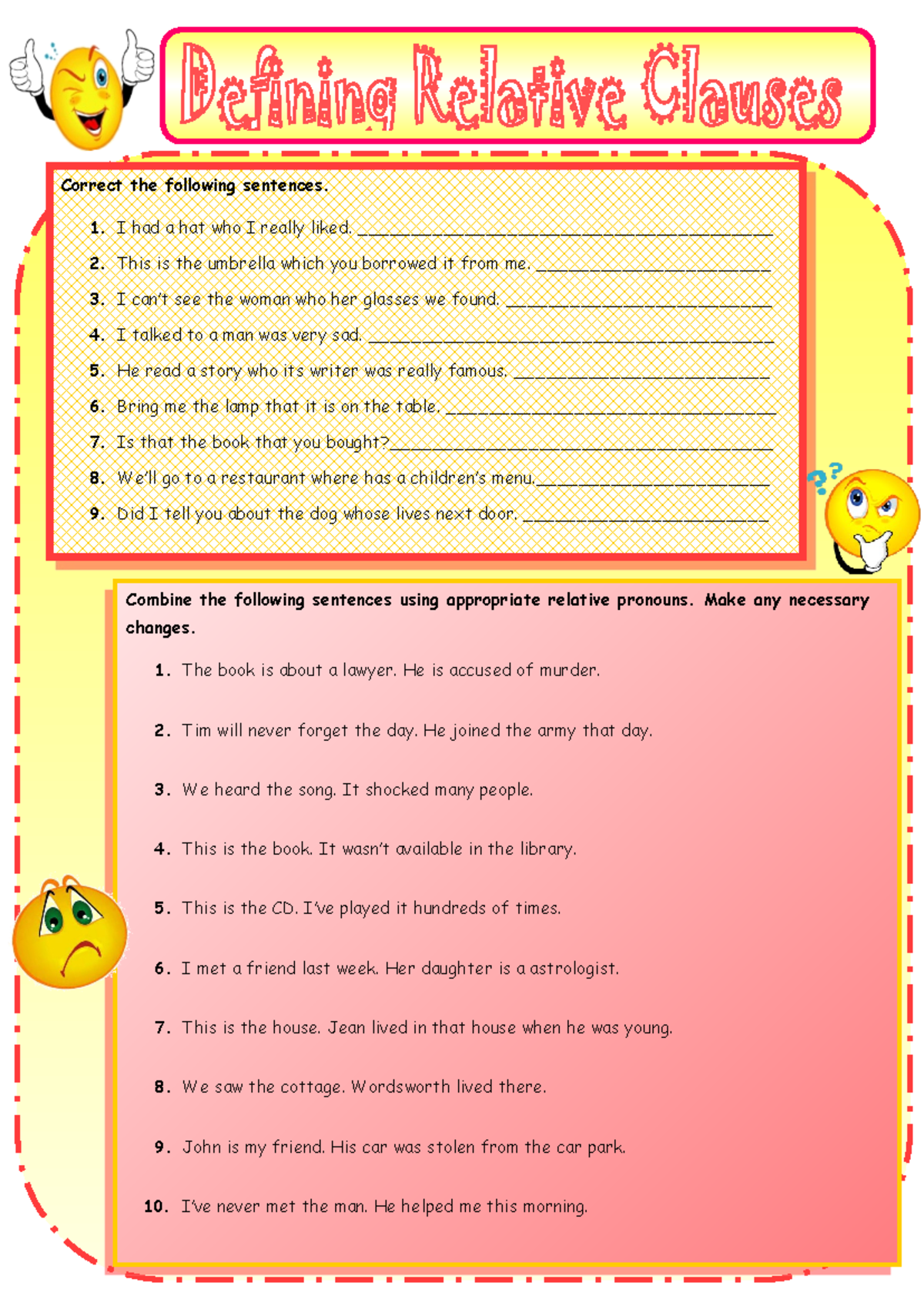 Defining-relative- Worksheet - Combine the following sentences using ...