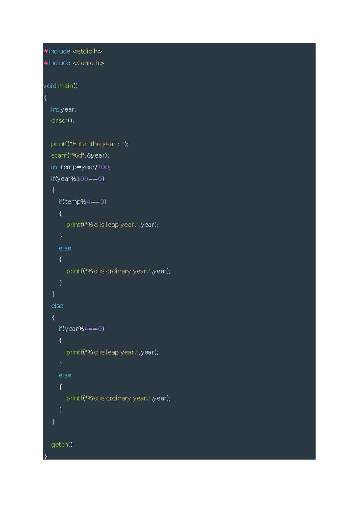 C programmes - #include #include void main() { int year; clrscr ...