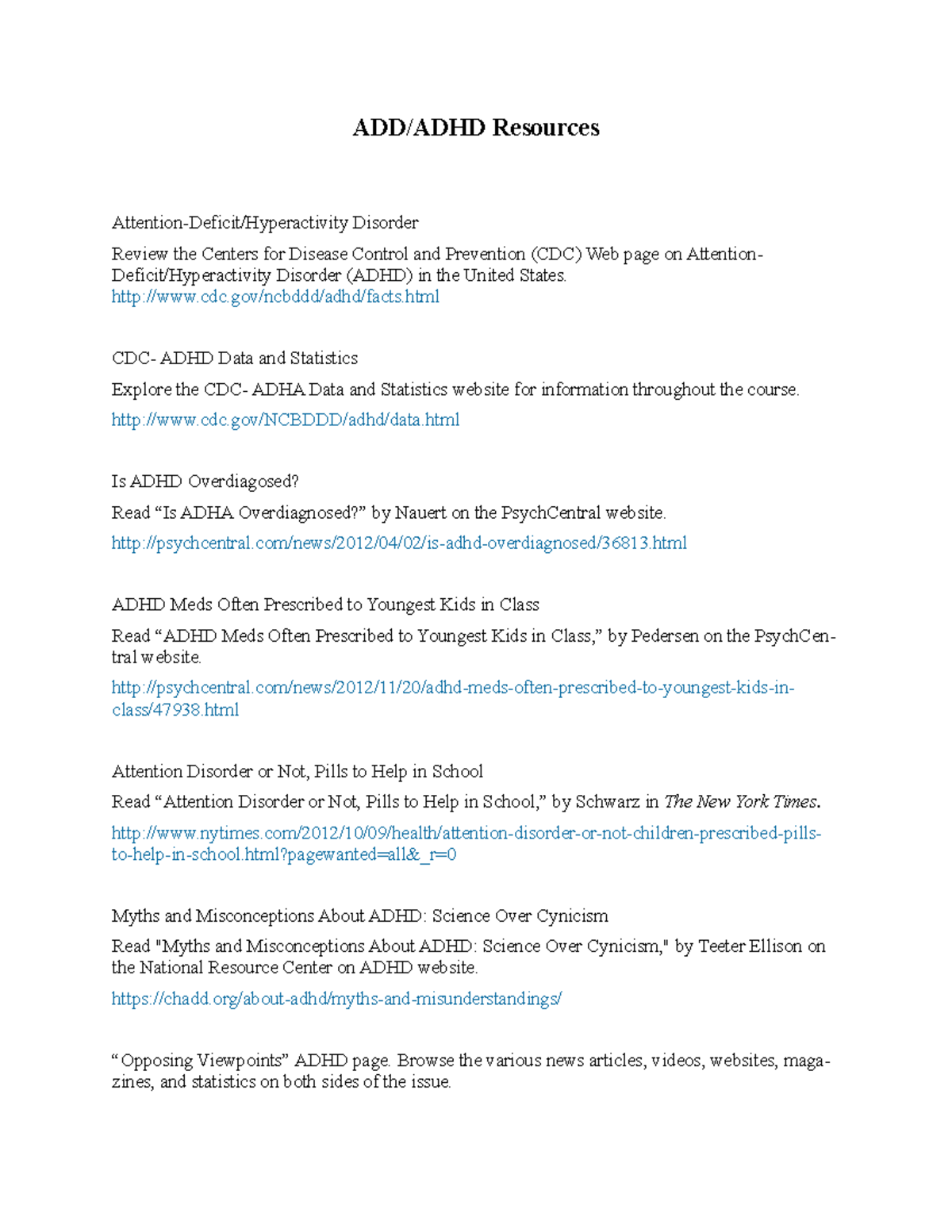 ENG 105 RS T2 ADDand Adhdresources - ADD/ADHD Resources Attention-Deficit/Hyperactivity Disorder ...