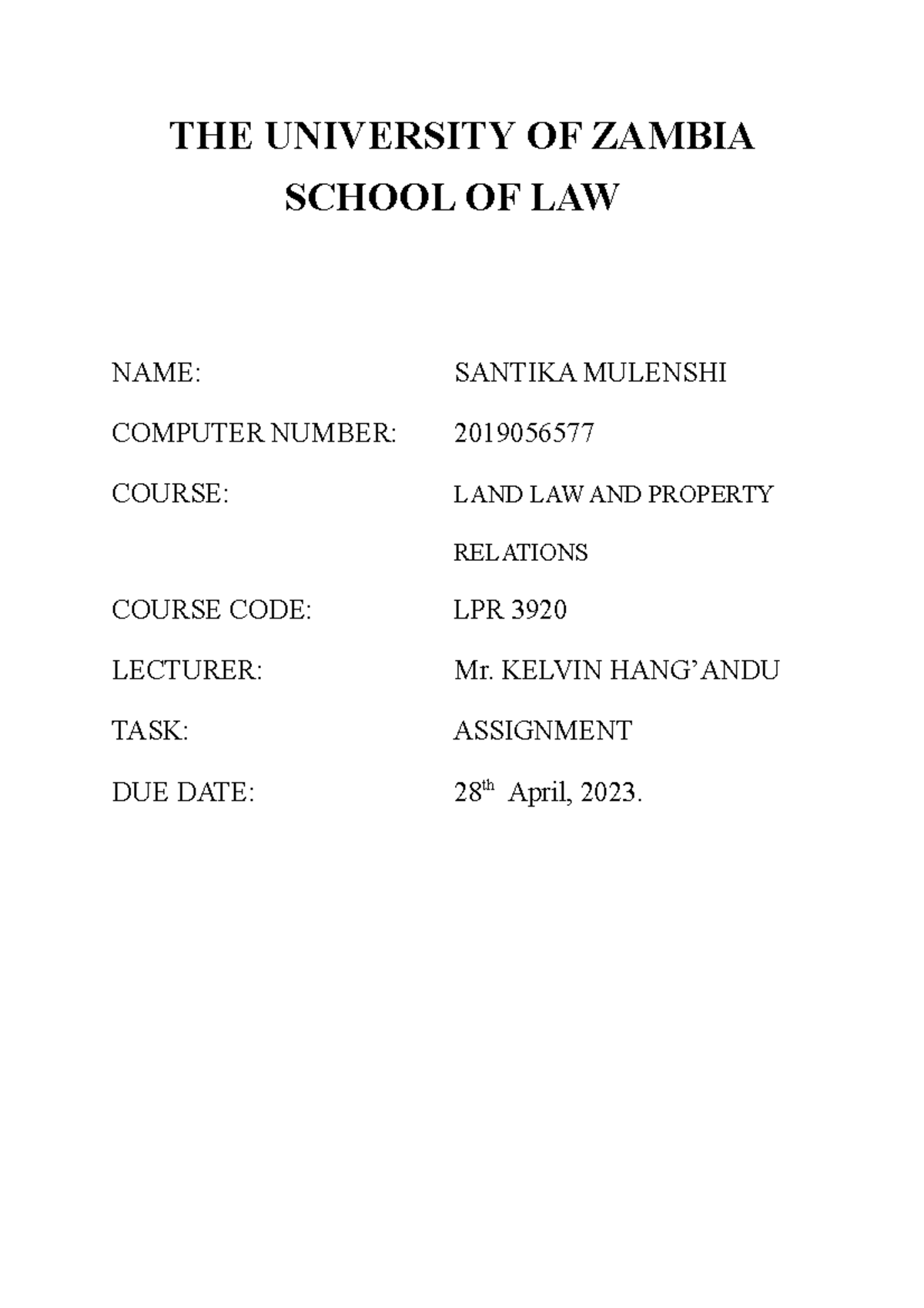 Mutale’s land law - Law - THE UNIVERSITY OF ZAMBIA SCHOOL OF LAW NAME ...