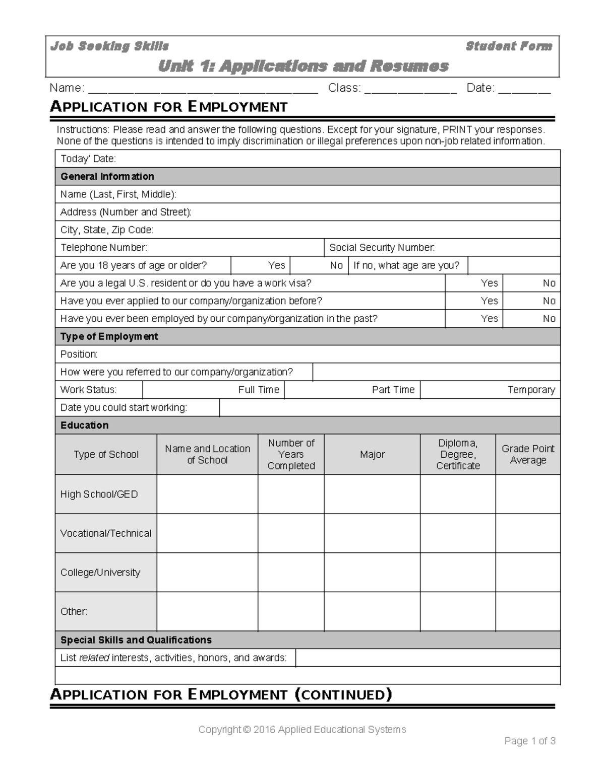 Student Material-U1L2-Application for Employment - Job Seeking Skills ...