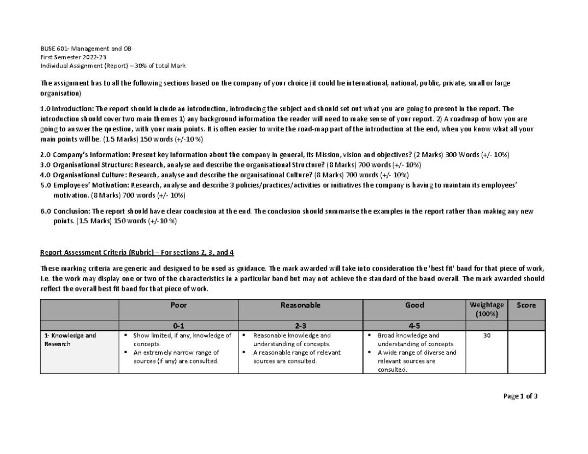BUSE 601- Individual Assignment (Report) Semester 1 2022-23 - BUSE 601 ...