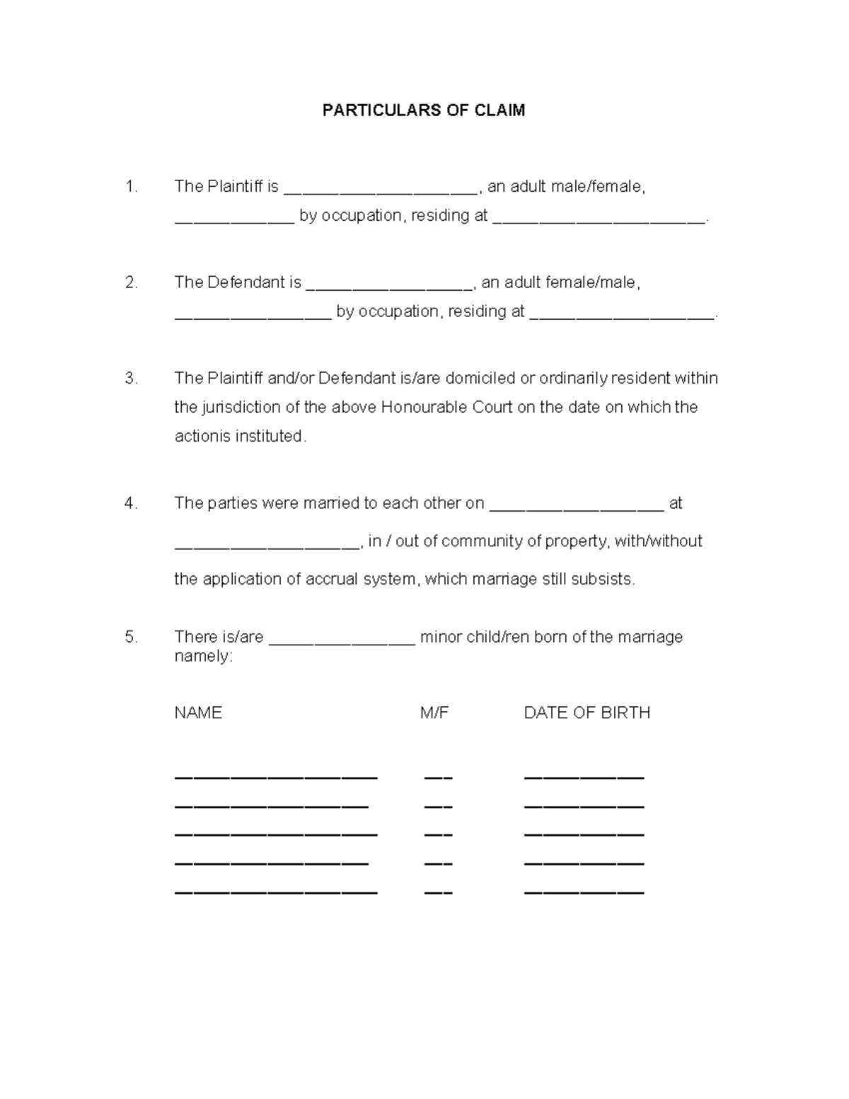 Divorce POC Precedent - guildlines - PARTICULARS OF CLAIM The Plaintiff ...