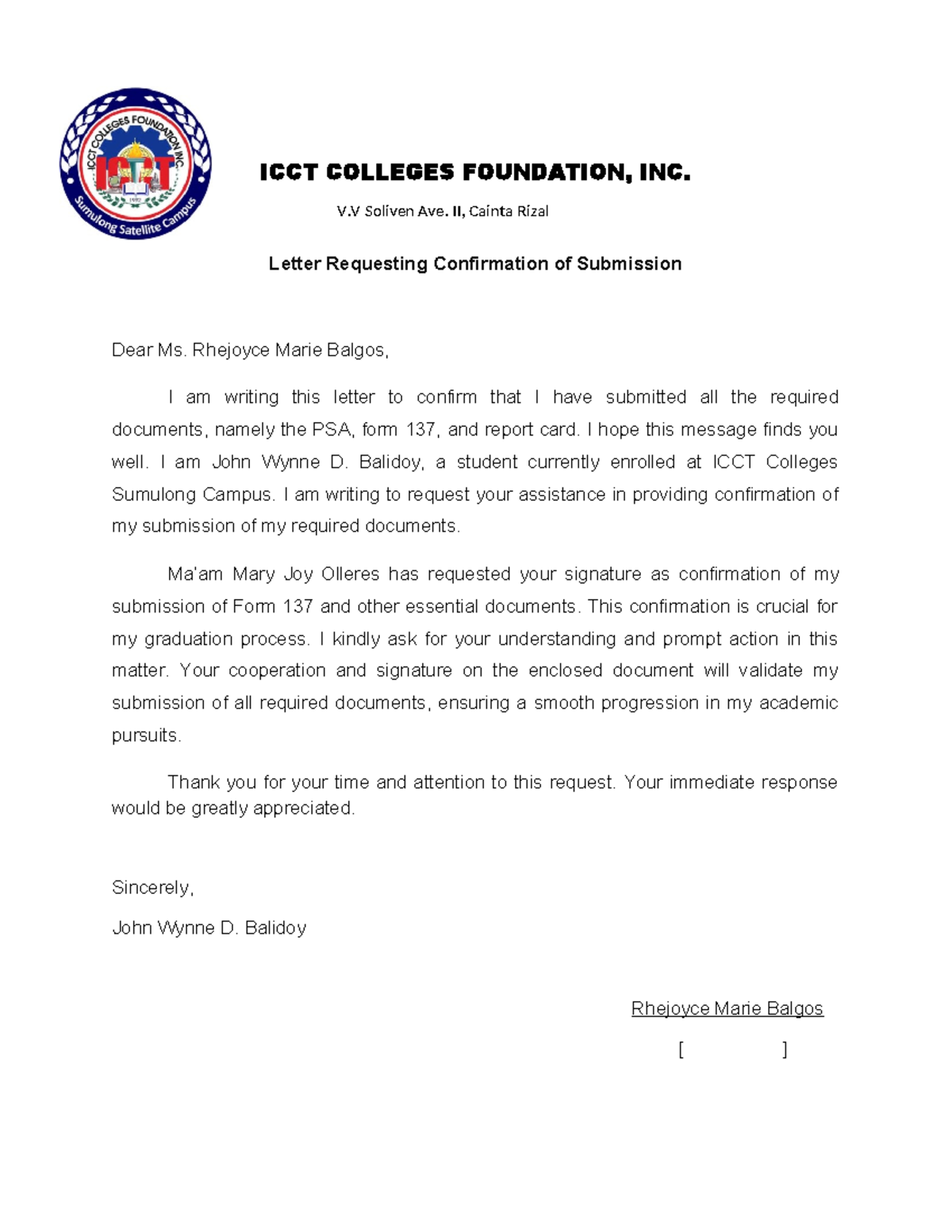 Formal- Letter - mxkaba - ICCT COLLEGES FOUNDATION, INC. Letter ...
