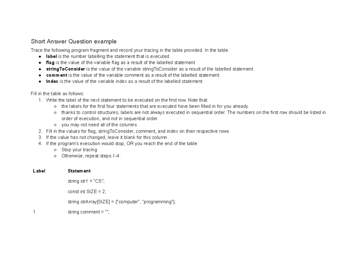 Practice Questions - CS 110 PRACTISH MATRIAL - Short Answer Question example Trace the following ...
